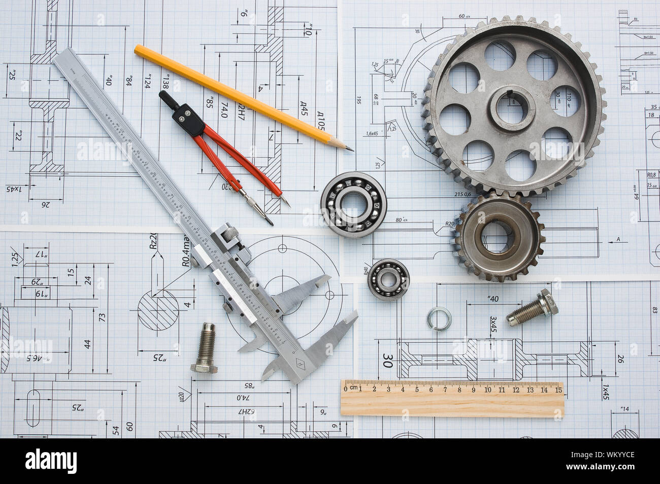 tools and mechanisms detail on the background of technical drawings ...