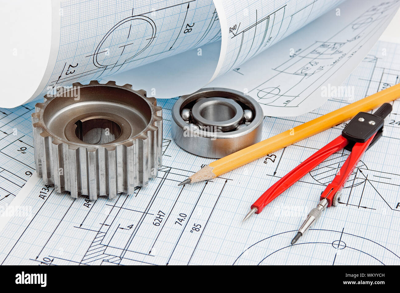 tools and mechanisms detail on the background of technical drawings ...