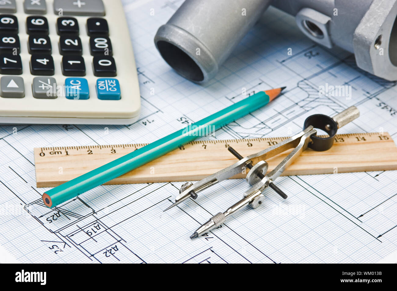 drawings of mechanisms with parts and tools Stock Photo - Alamy