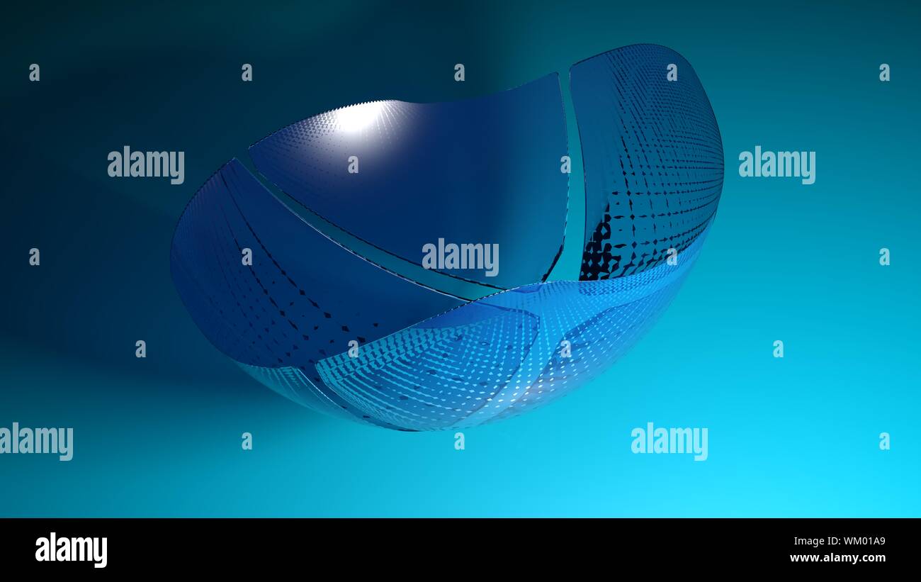 Abstract spherical glass object flying over a blue surface - 3D ...