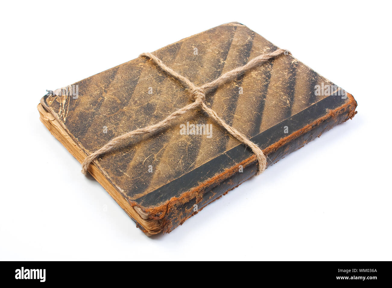 An old book with a crumpled sheet and hardcover isolated on white ...