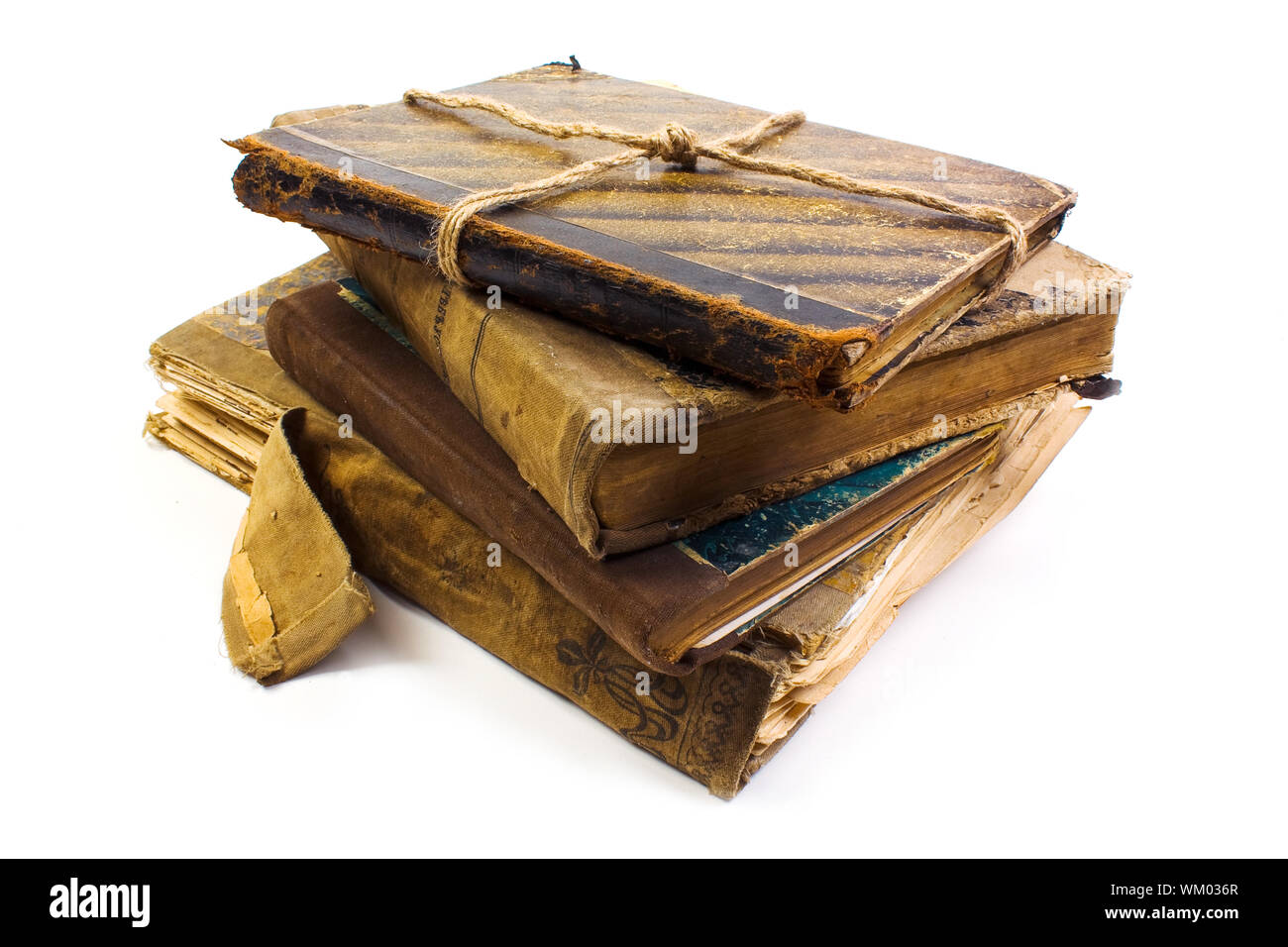 An old book with a crumpled sheet and hardcover isolated on white ...