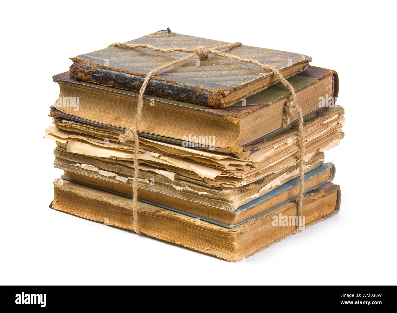 An old book with a crumpled sheet and hardcover isolated on white ...