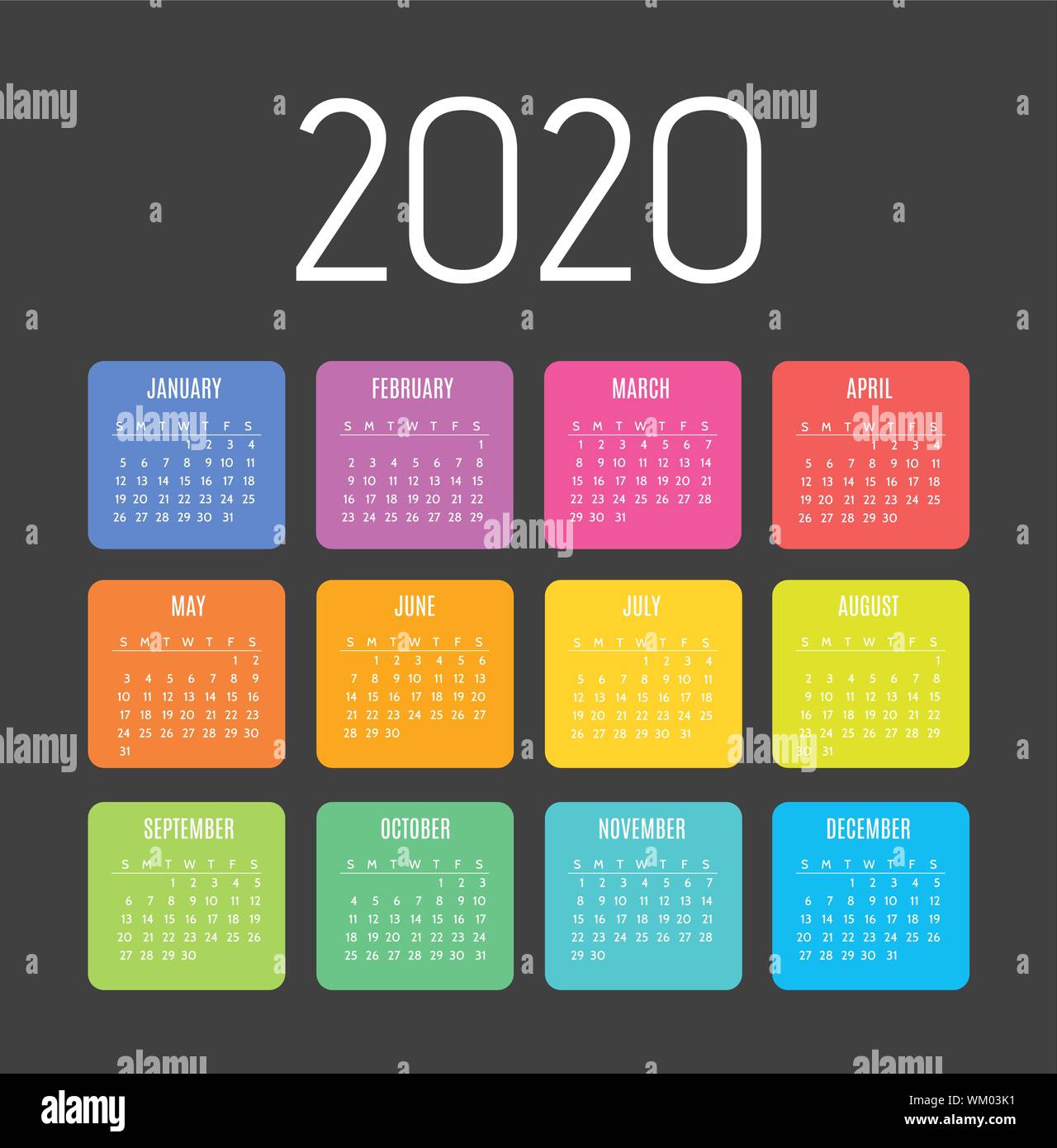 Colorful calendar for 2020 years. Week starts from Sunday. Calender ...