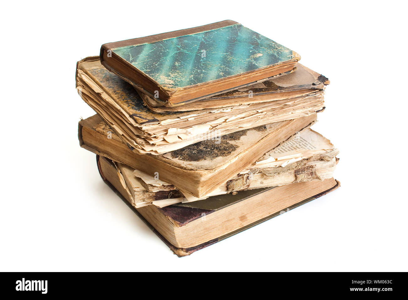 An old book with a crumpled sheet and hardcover isolated on white ...