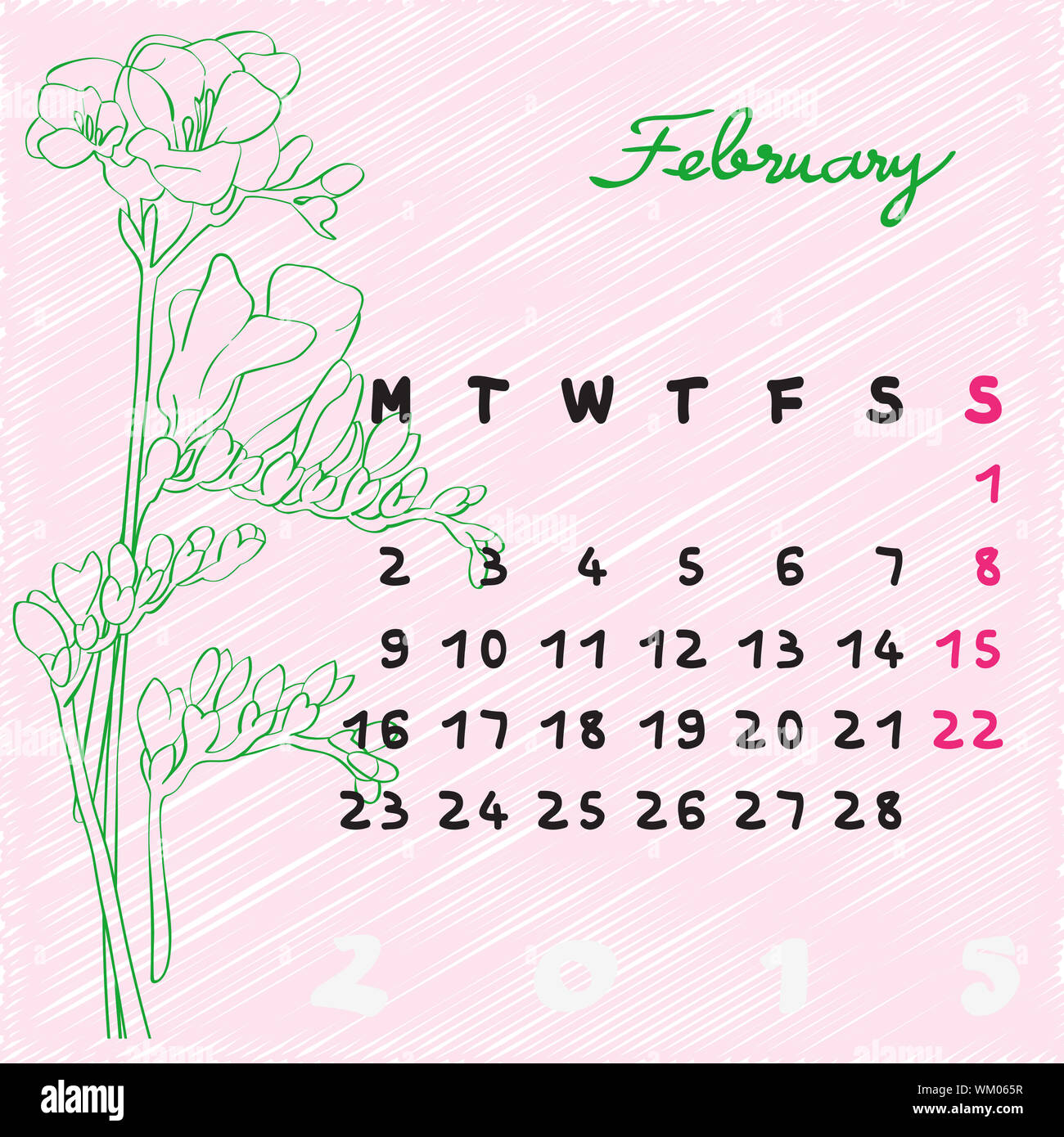 Calendar 2015, graphic illustration of February month calendar with ...