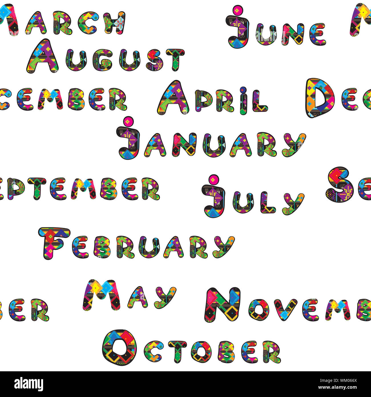 The months of the year pattern, colored hand drawn capital letters with ...