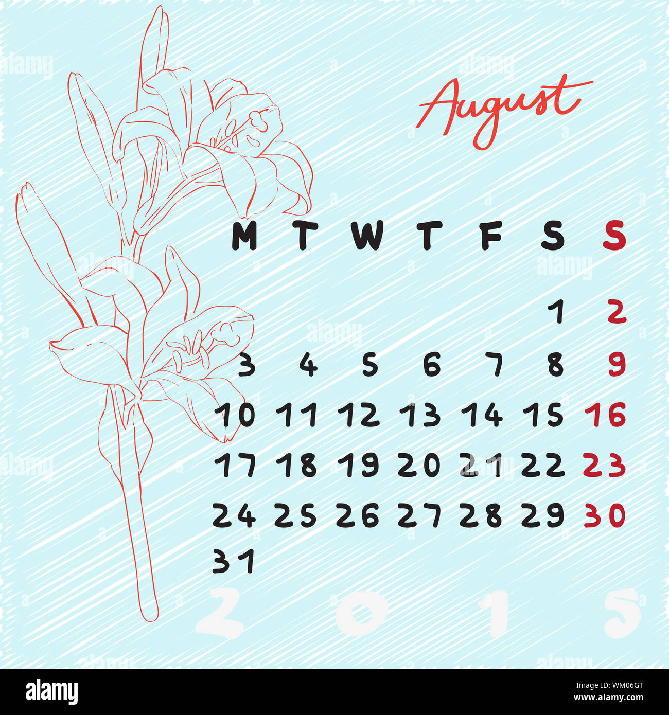 Calendar 2015, graphic illustration of August month calendar with ...