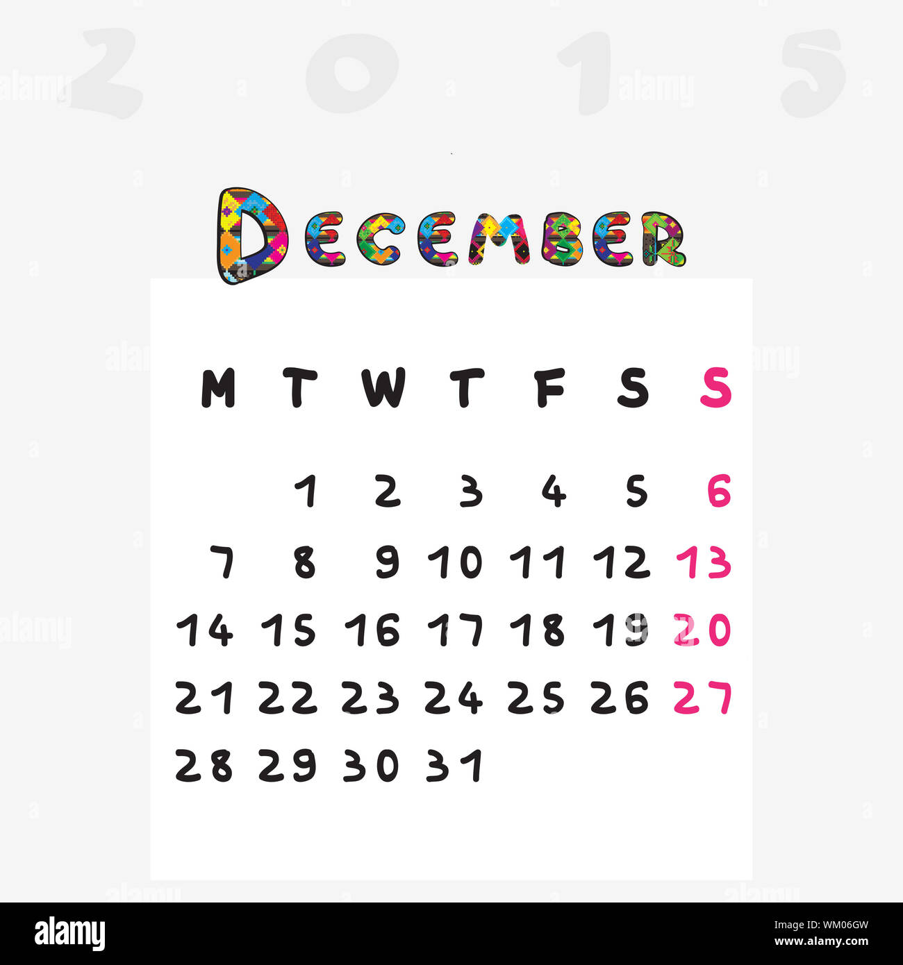 Calendar 2015, graphic illustration of December monthly calendar with ...