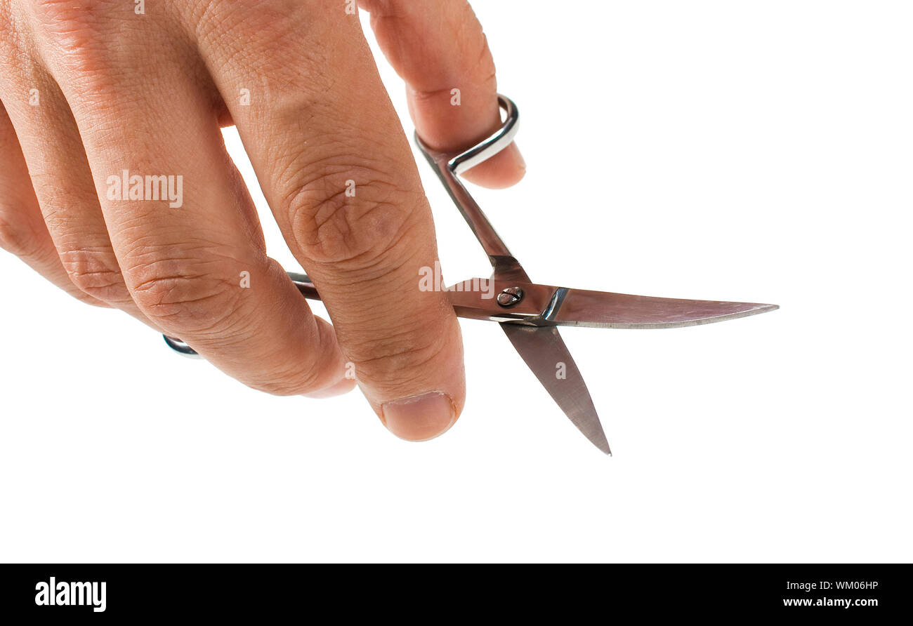 Chrome scissors in hand isolated on white background Stock Photo - Alamy