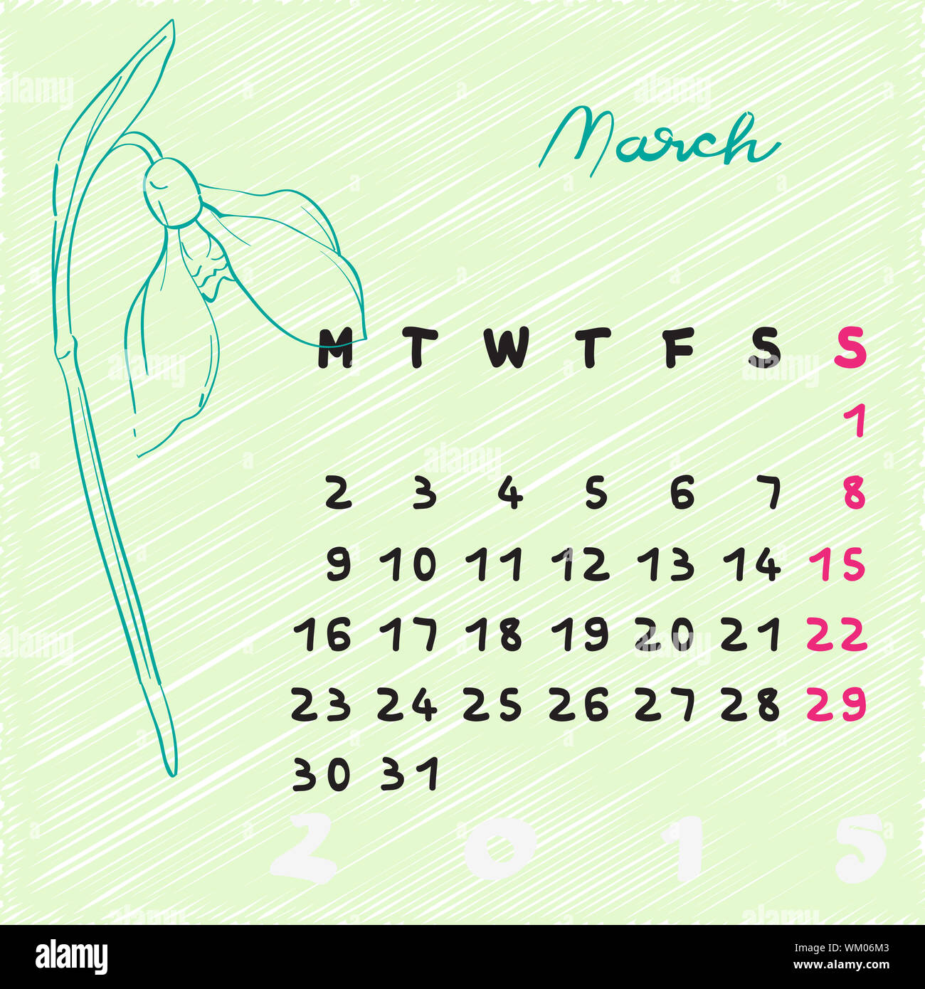 Calendar 2015, graphic illustration of March month calendar with ...
