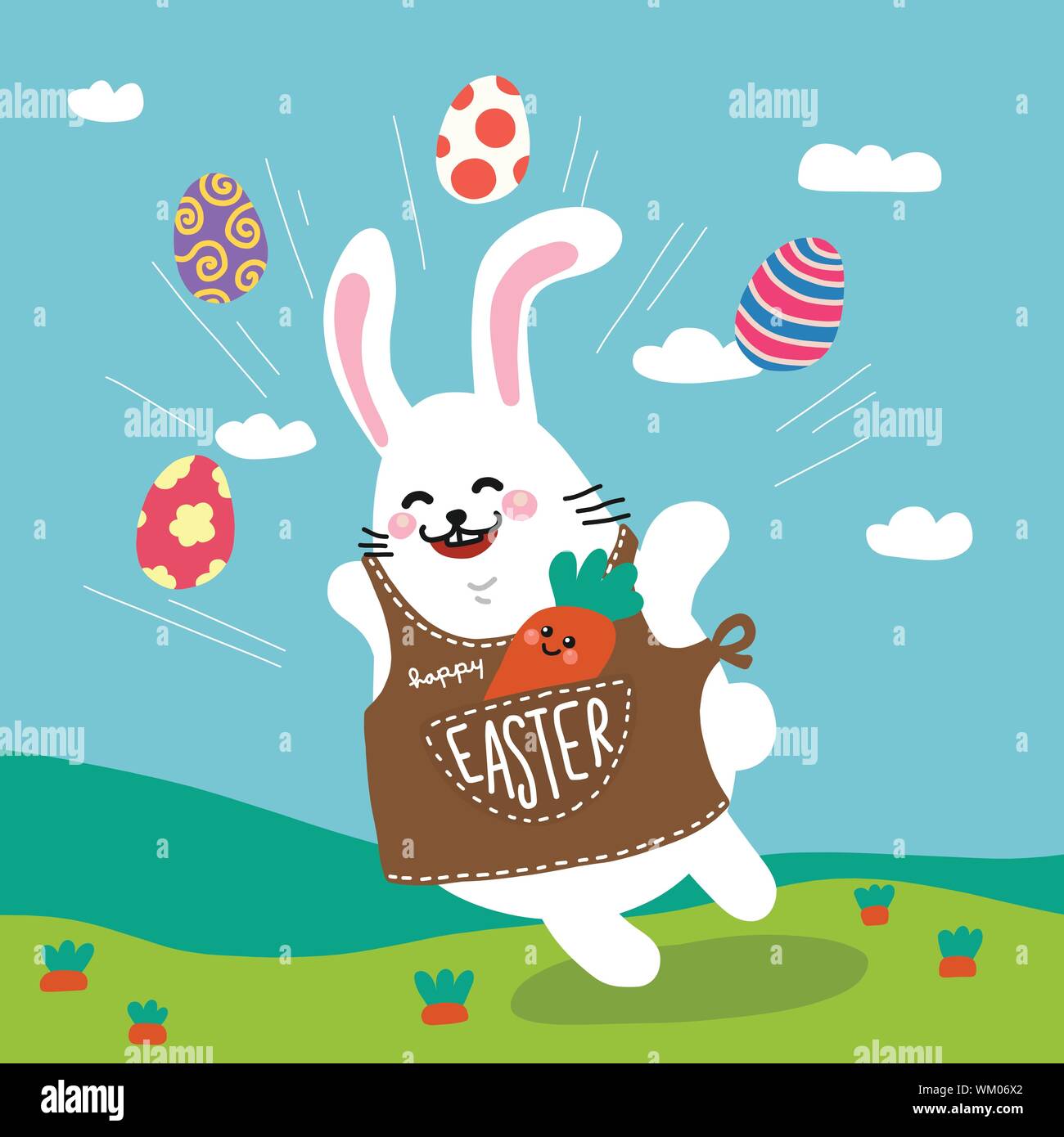 Happy Easter white rabbit with colorful eggs and carrot friend cartoon ...