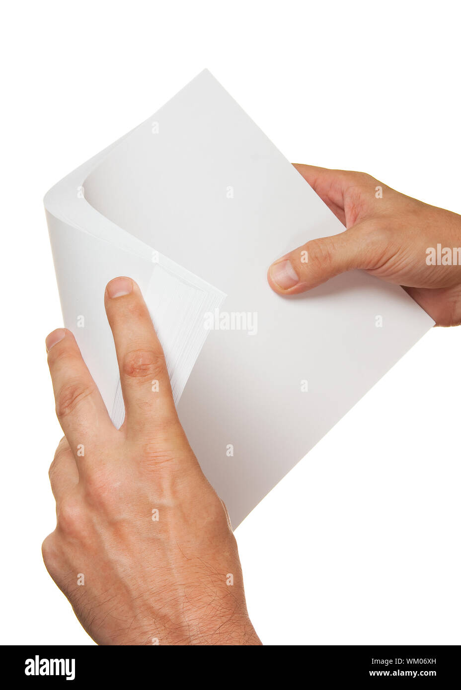 a stack of paper in hand isolated on white background Stock Photo - Alamy