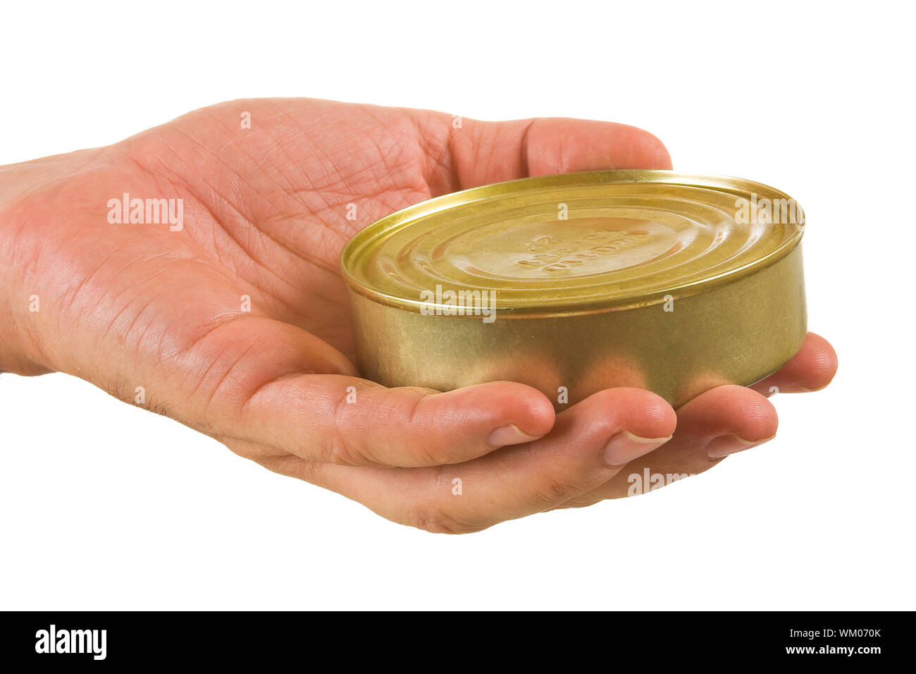 Food can in hand isolated on white background Stock Photo - Alamy