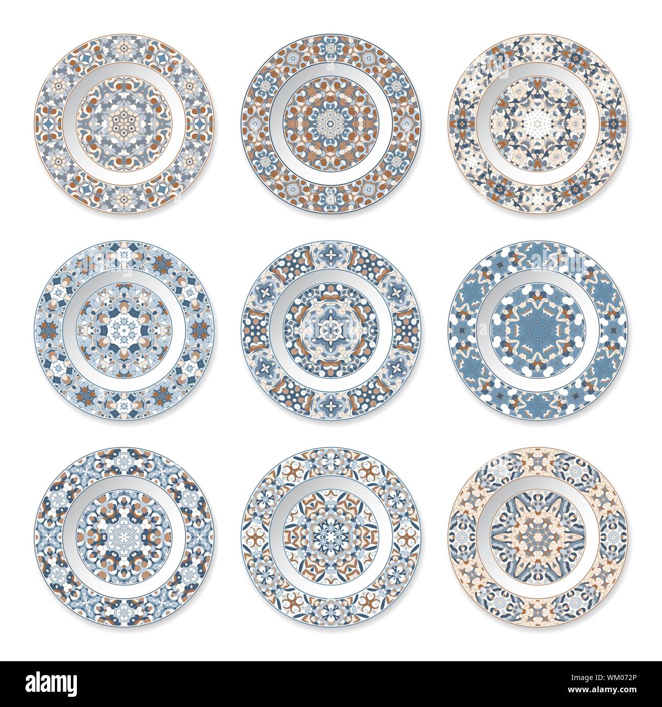 Set of decorative plates with a circular vintage pattern, top view ...
