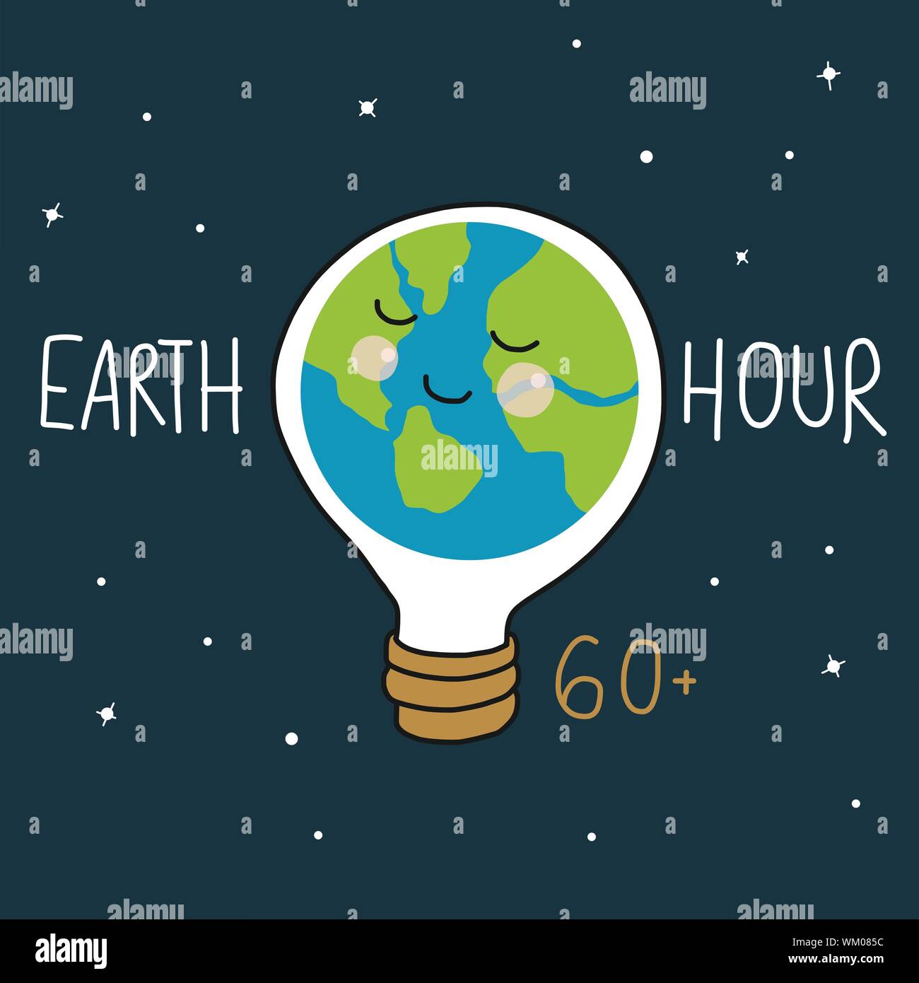 Earth Hour 60+ cute world in lightbulb sleeping cartoon doodle vector ...