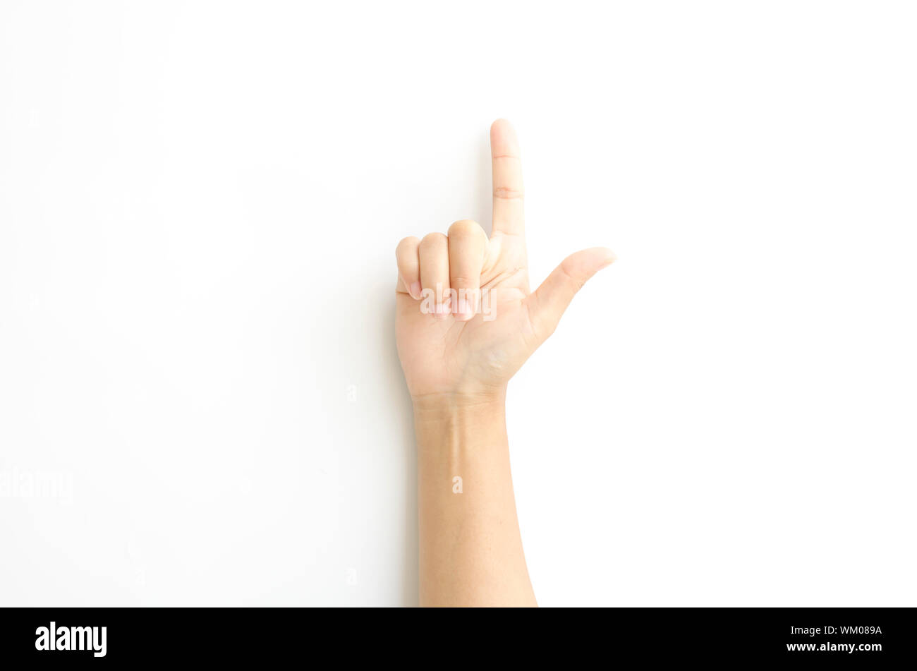 asia woman hands hold sign on a white background Stock Photo - Alamy
