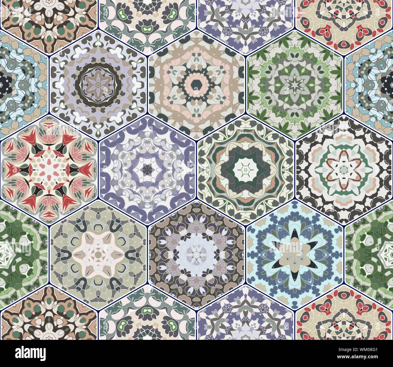 A rich set of hexagonal ceramic tiles. Colorful elements in oriental ...