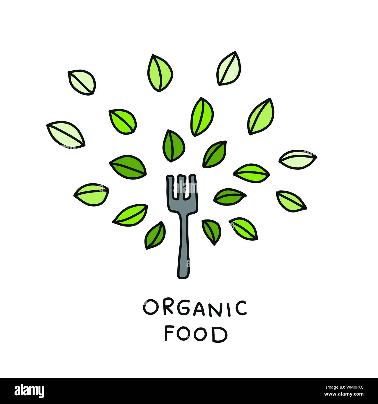 Organic food green leaf and fork cartoon logo vector illustration Stock ...
