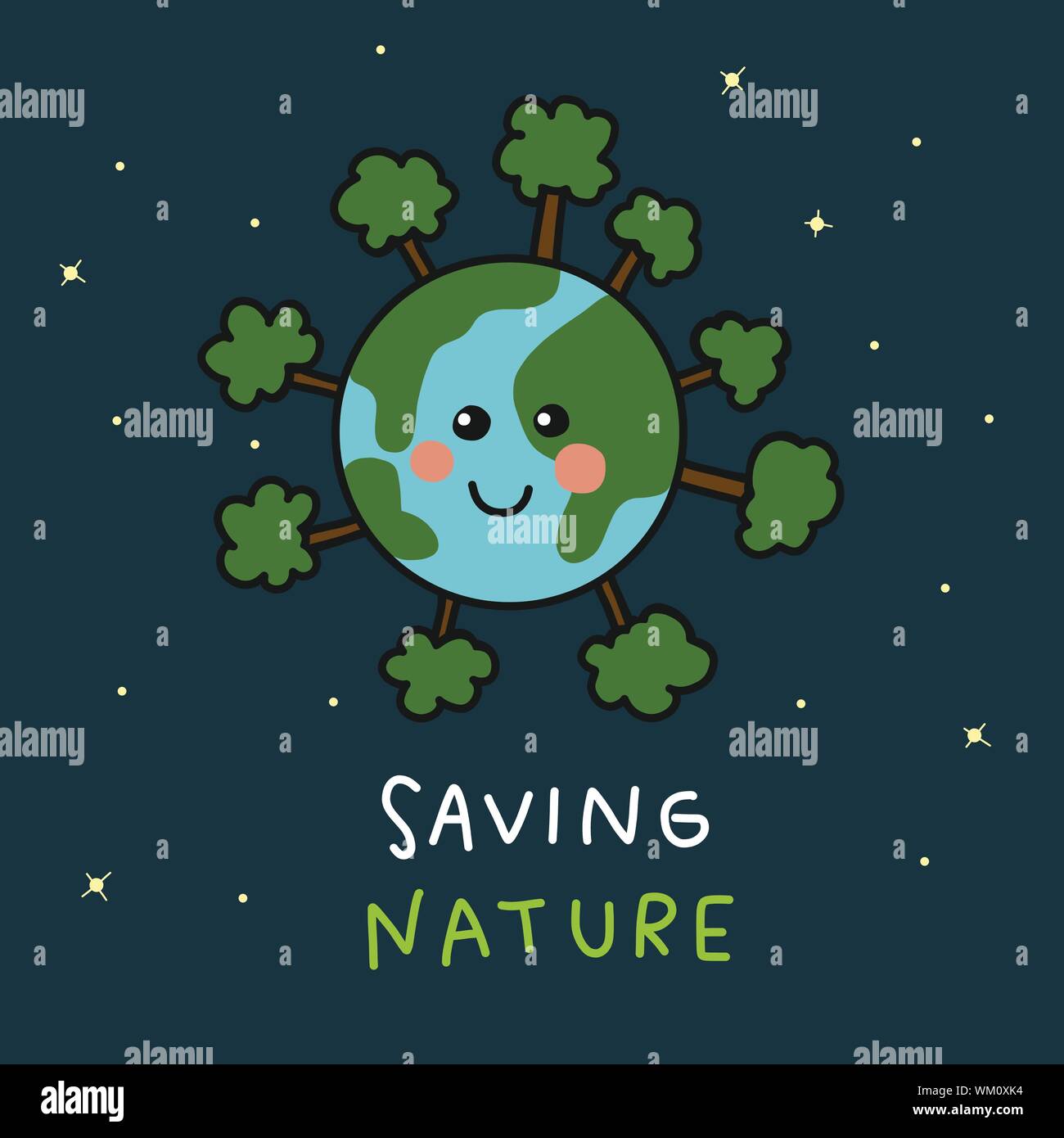 Earth smile around with tree saving nature cartoon vector illustration ...