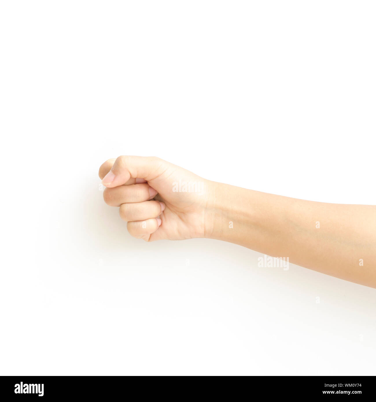 asia woman strength hand sign on a white background Stock Photo - Alamy