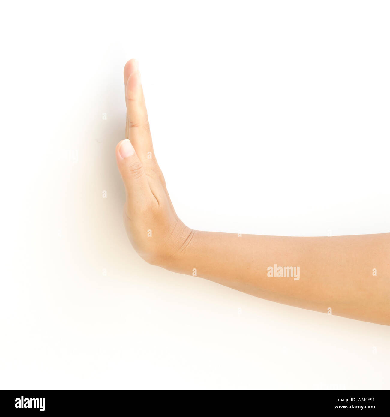 asia woman hands hold sign on a white background Stock Photo - Alamy