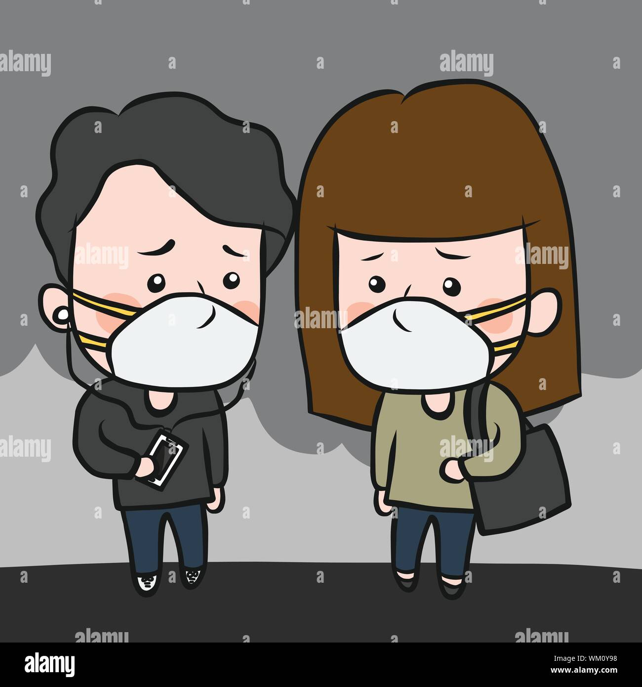 Man and woman wearing pollution mask cover cartoon vector illustration ...