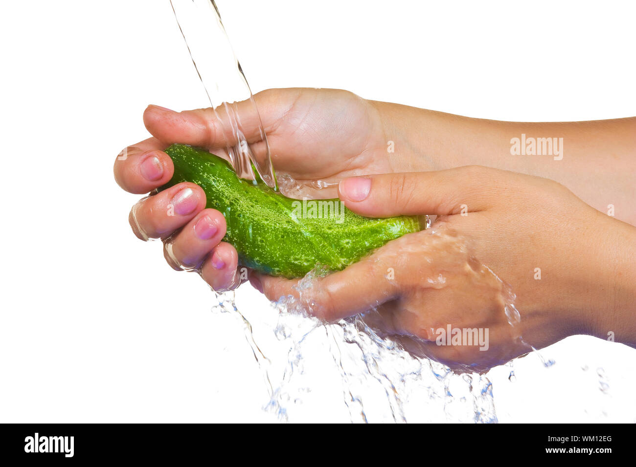 wash the cucumber in the hands isolated on white background Stock Photo ...