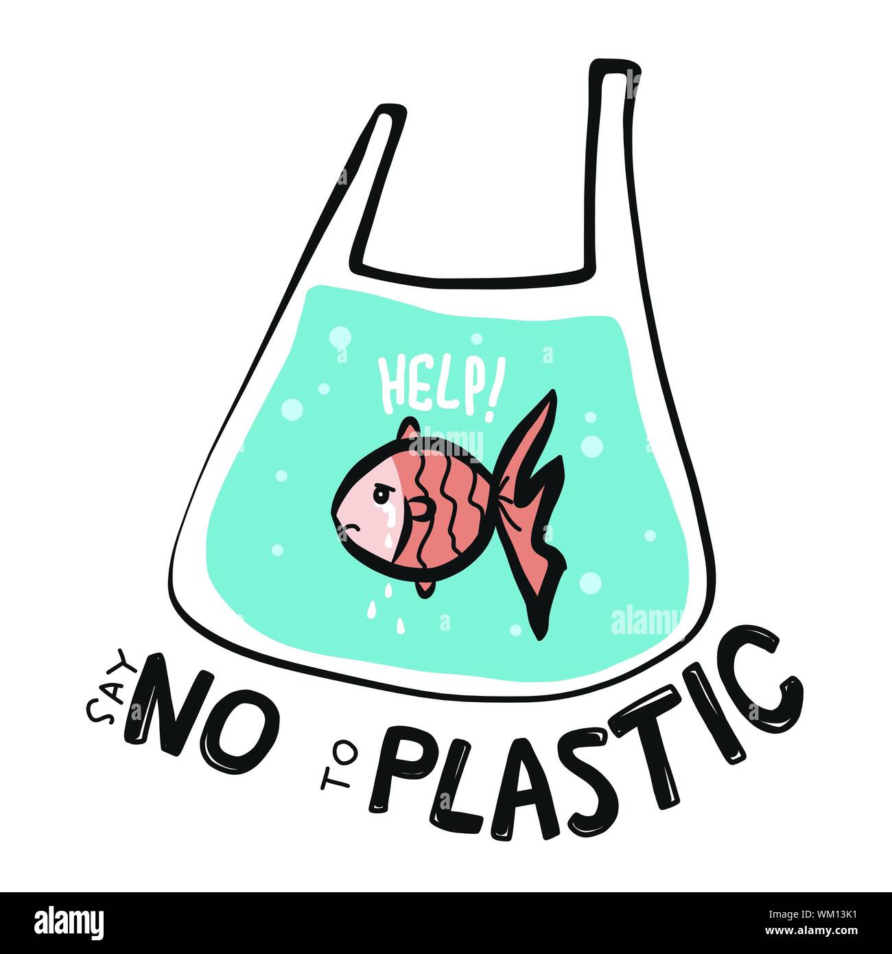 Fish say no to plastic cartoon vector illustration doodle style Stock ...