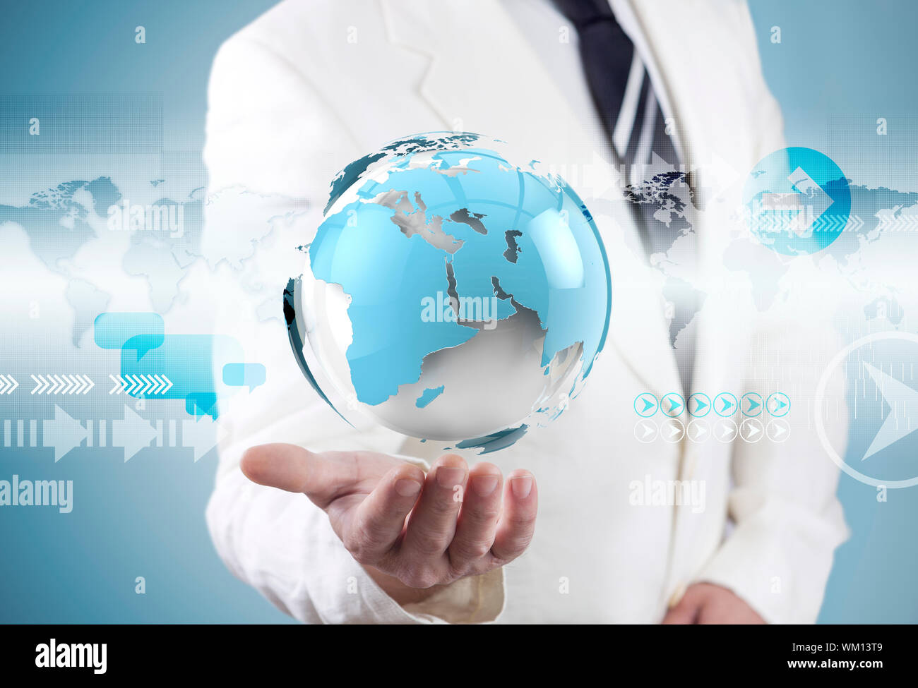 Global business concept. World map and technology icons Stock Photo - Alamy