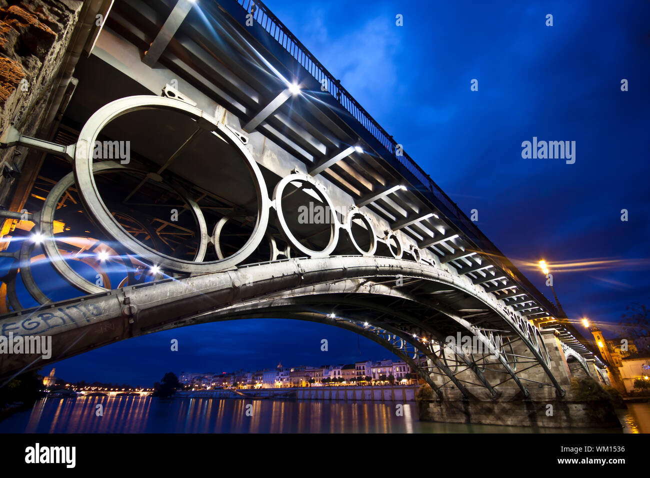 Panorama of Seville riverside at down under the Triana Bridge, the ...