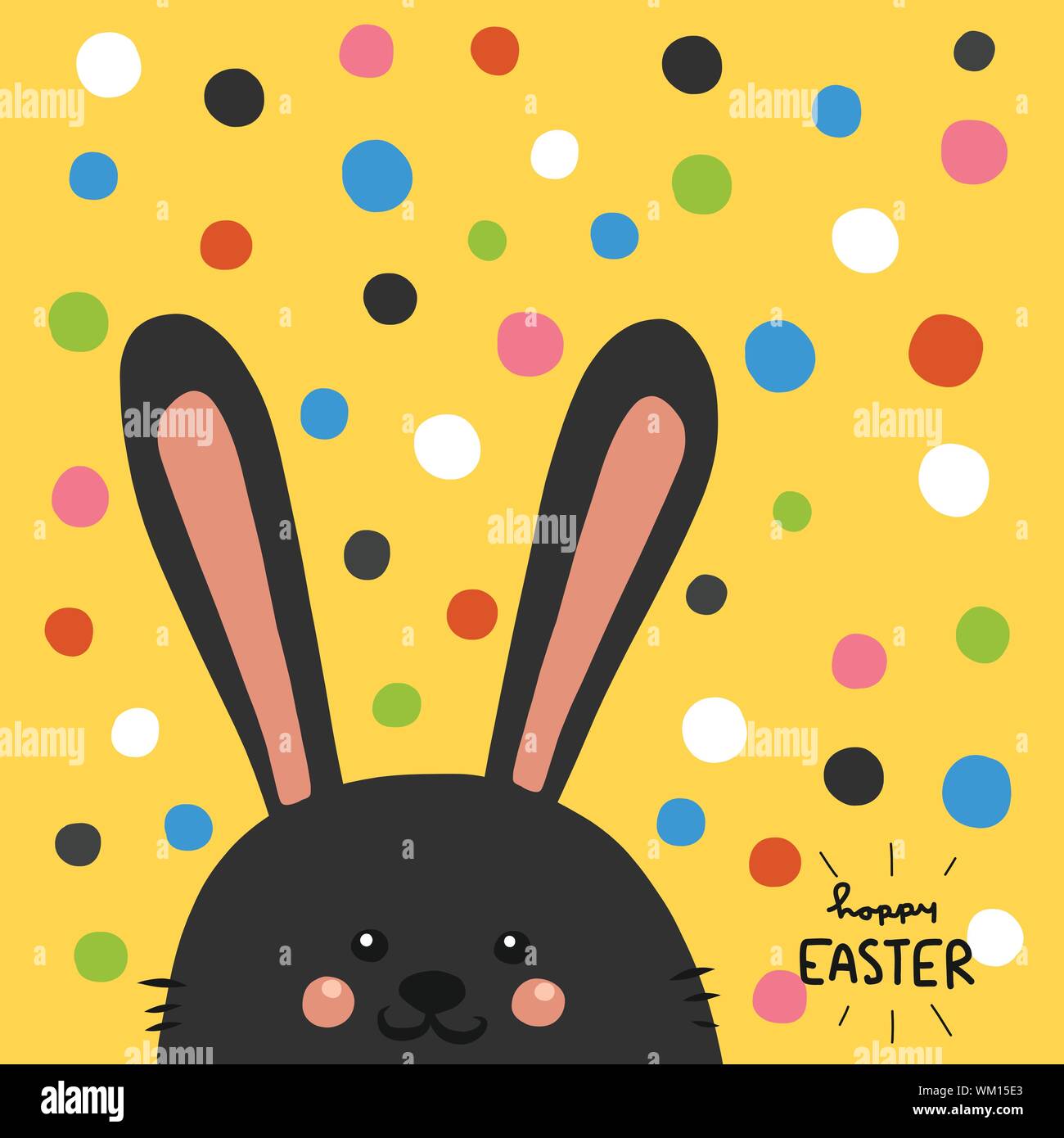 Happy Easter black rabbit on colorful polka dot on yellow background ...