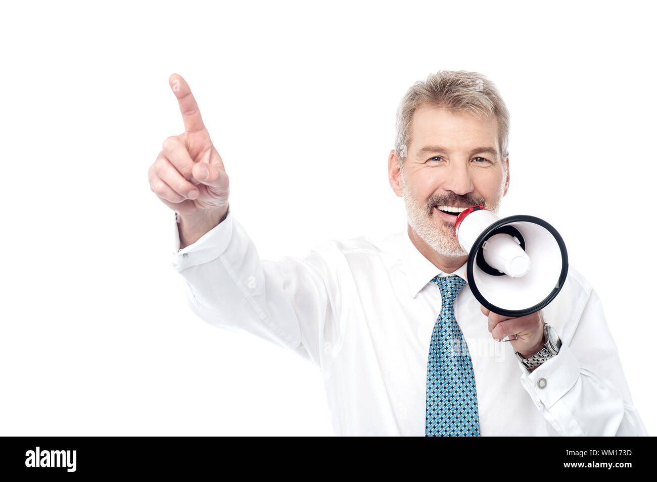 Senior executive with megaphone and showing direction Stock Photo - Alamy
