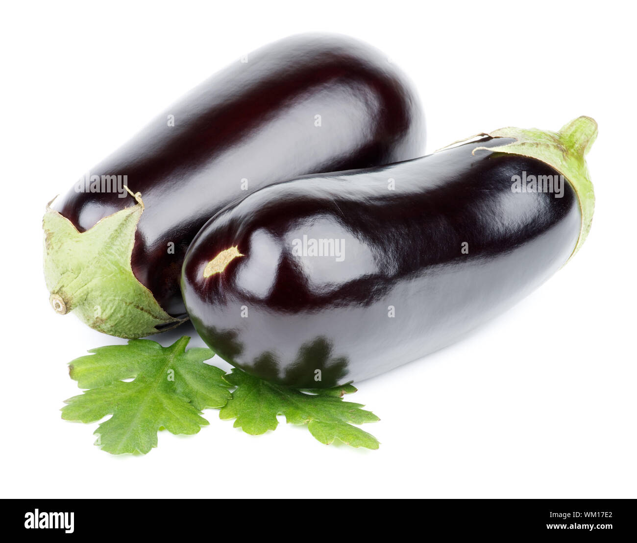 Ripe Raw Eggplants with Leafs isolated on white background Stock Photo ...