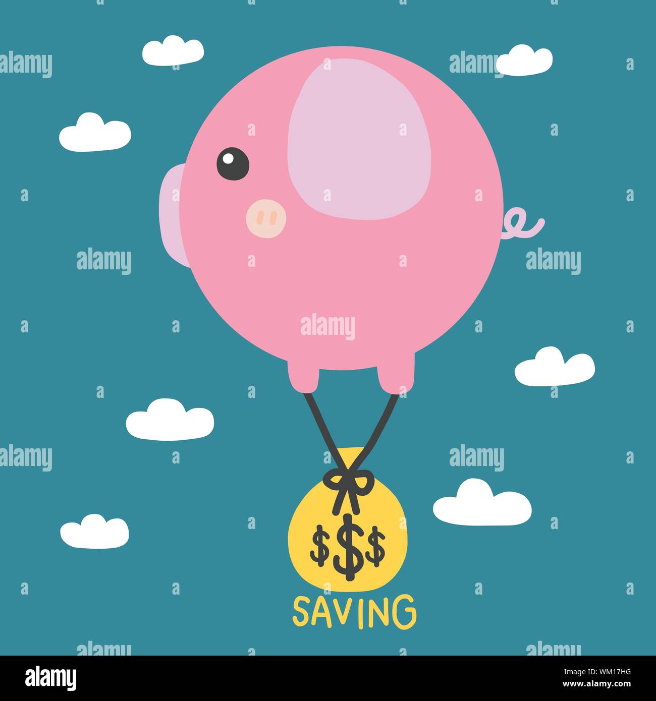 Piggy balloon and saving coin bag flying on sky cartoon vector ...