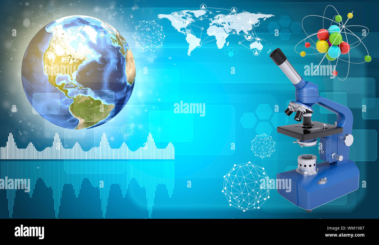 Earth, microscope and model of molecule. Graphs and world map as ...