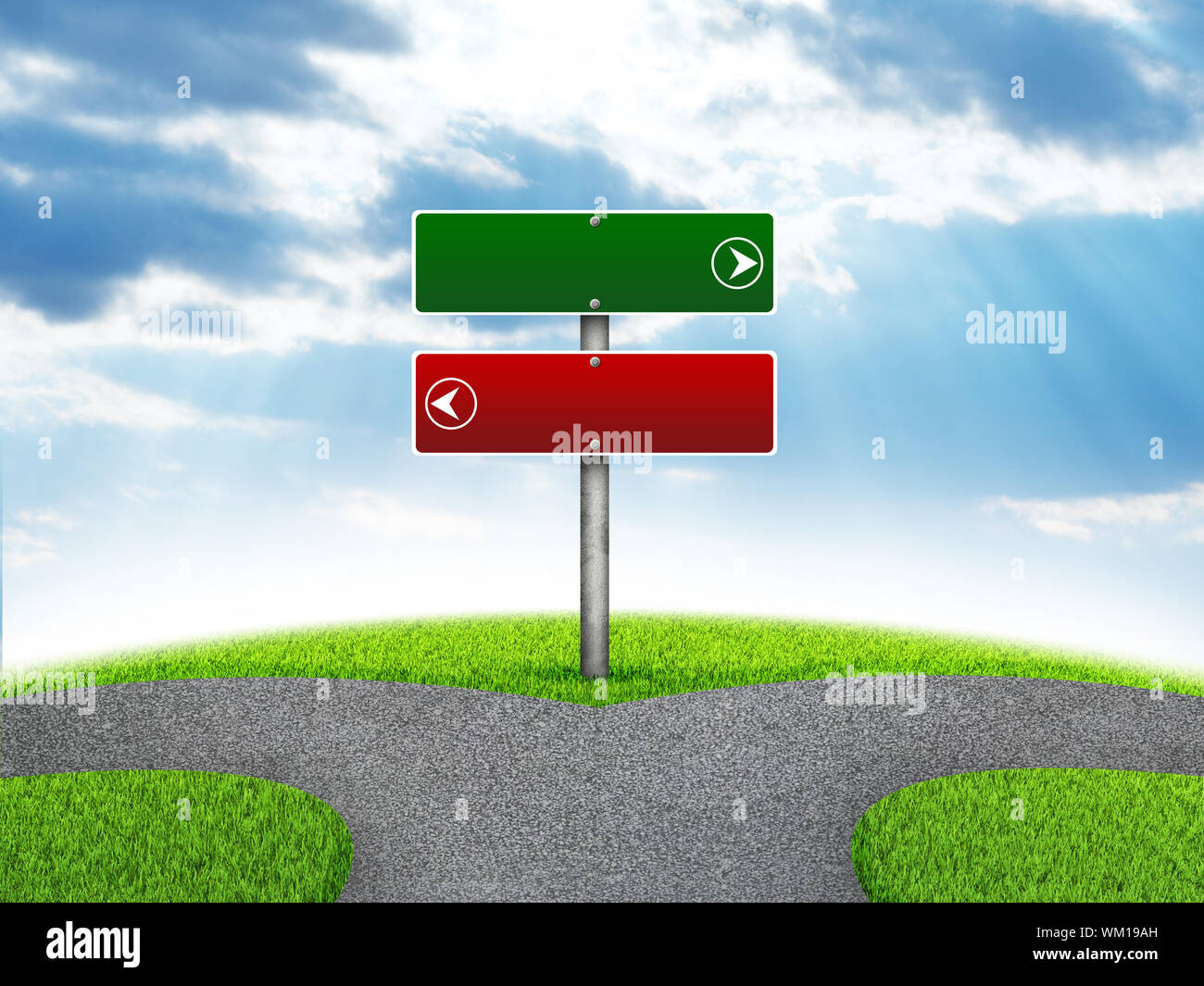 Crossroads road sign. Green grass, fork in the way and sky as backdrop ...