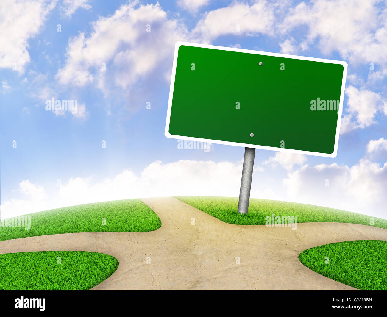 Crossroads road sign. Green grass, fork in the way and sky as backdrop ...