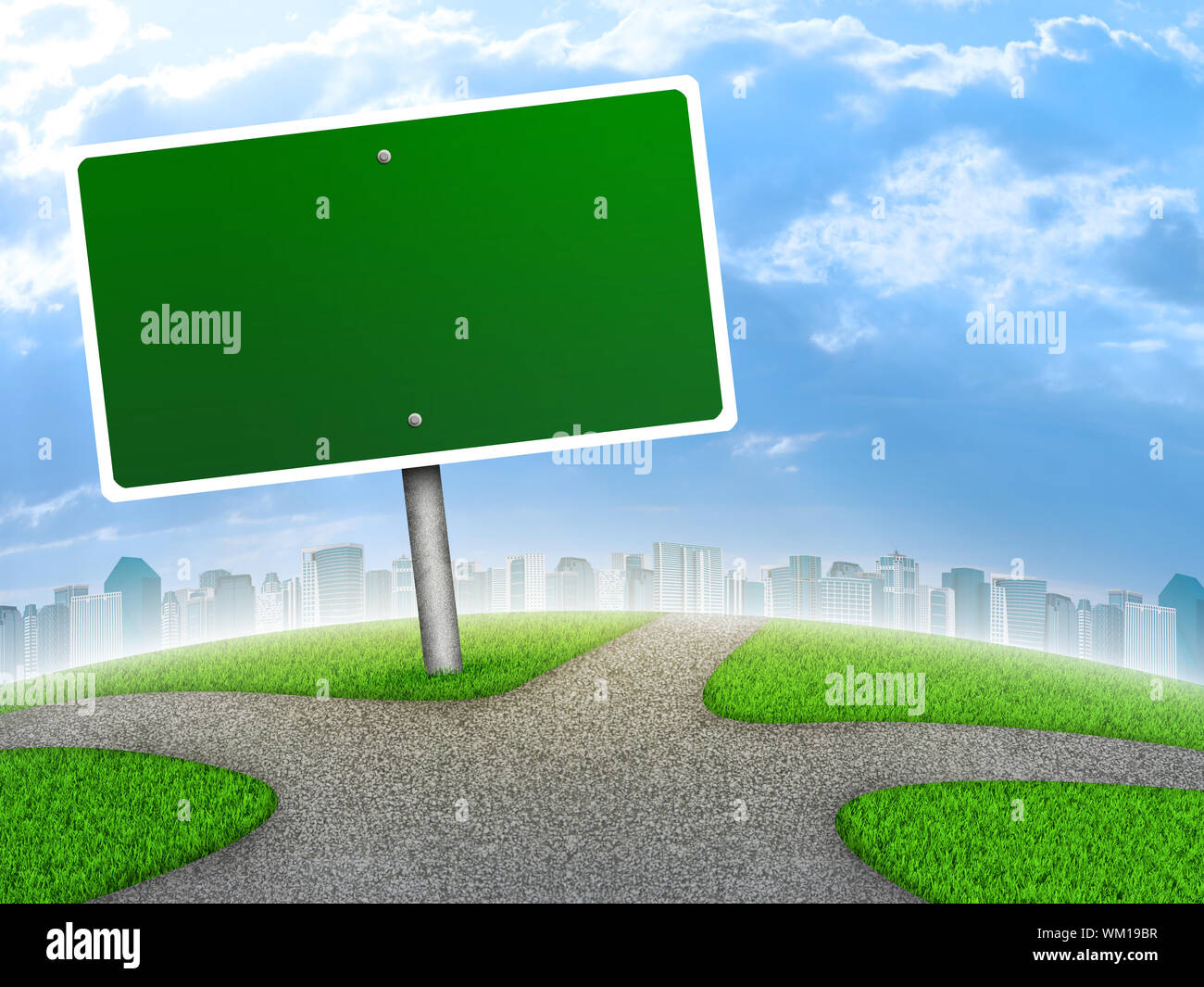 Crossroads road sign. City, green grass, fork in the way and sky as ...