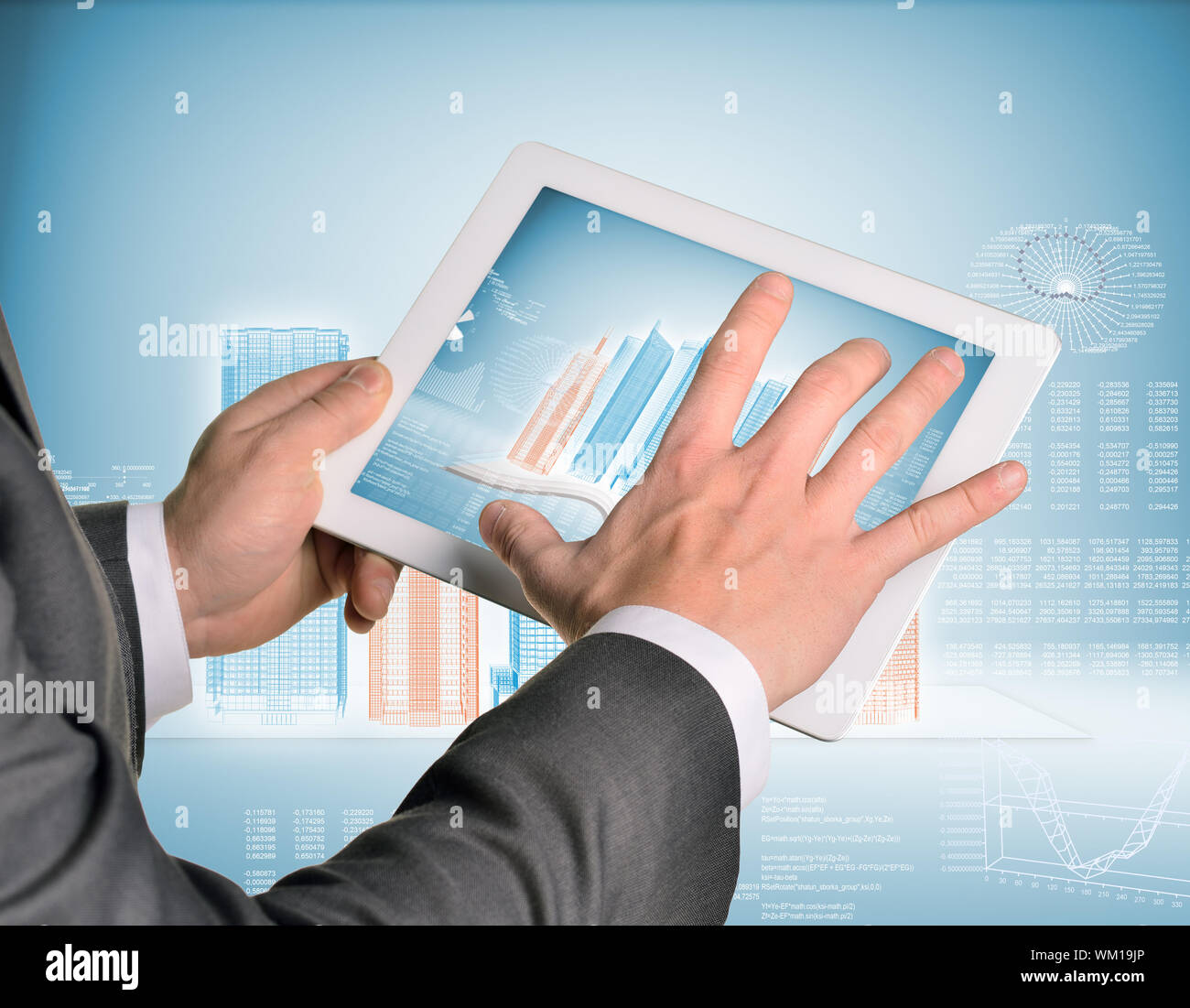 Man hands using tablet pc. Image of wire-frame buildings and open book ...