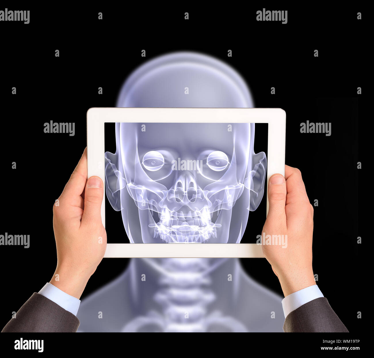 Man hands using tablet pc. Image of x-ray head on tablet screen Stock ...