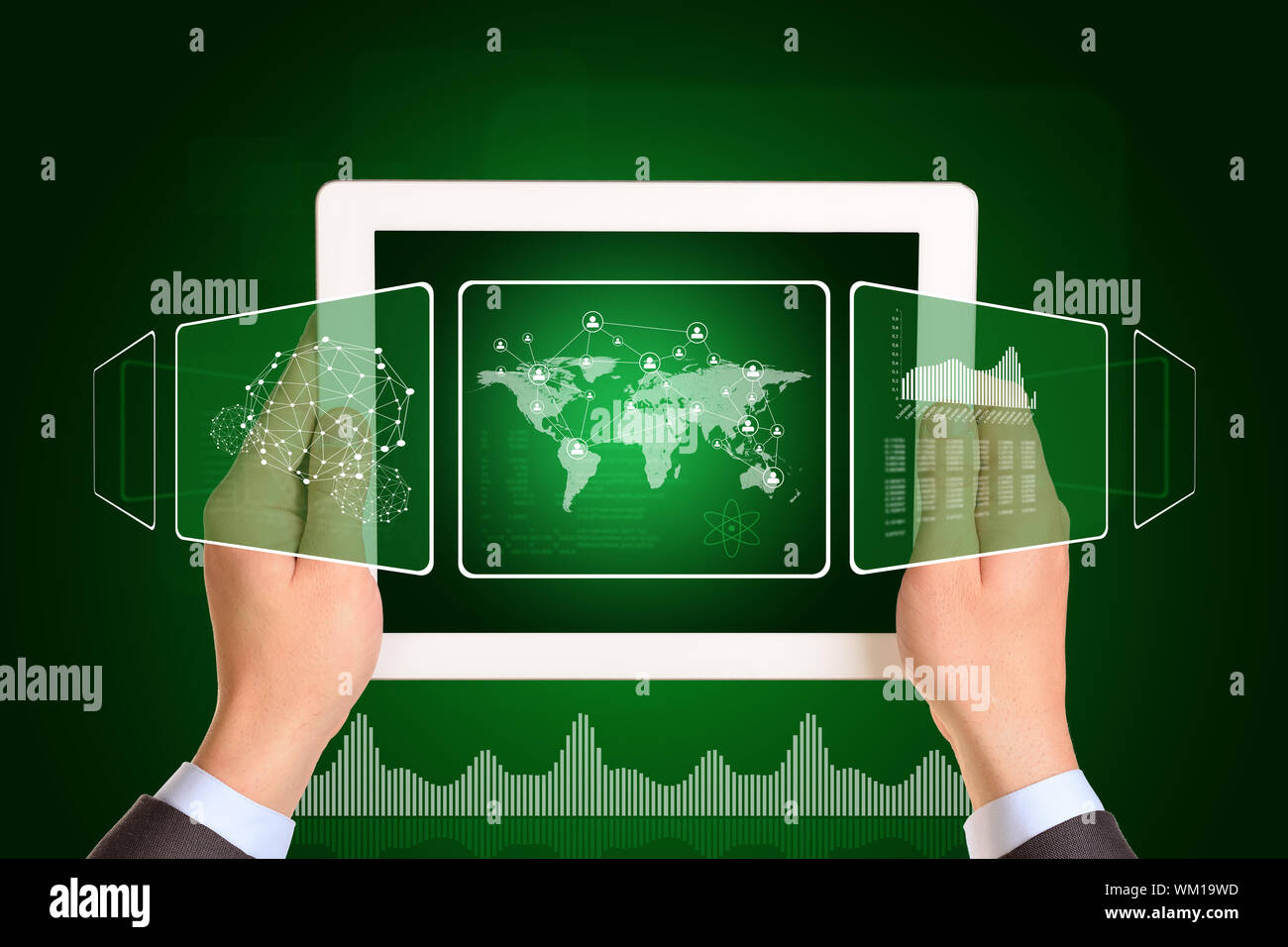 Man hands using tablet pc. Image of world map and network on tablet ...