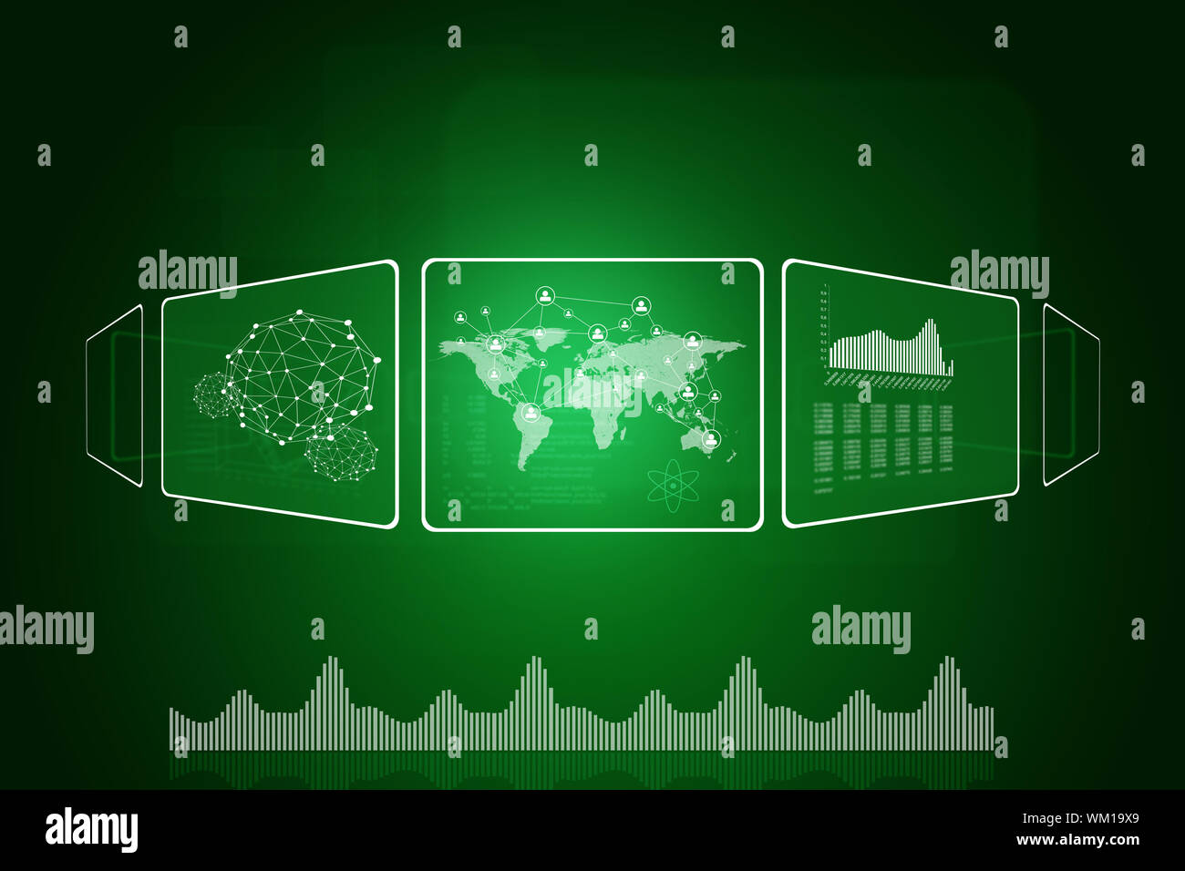 World map, network, graphs and wire-frame spheres. Green background ...