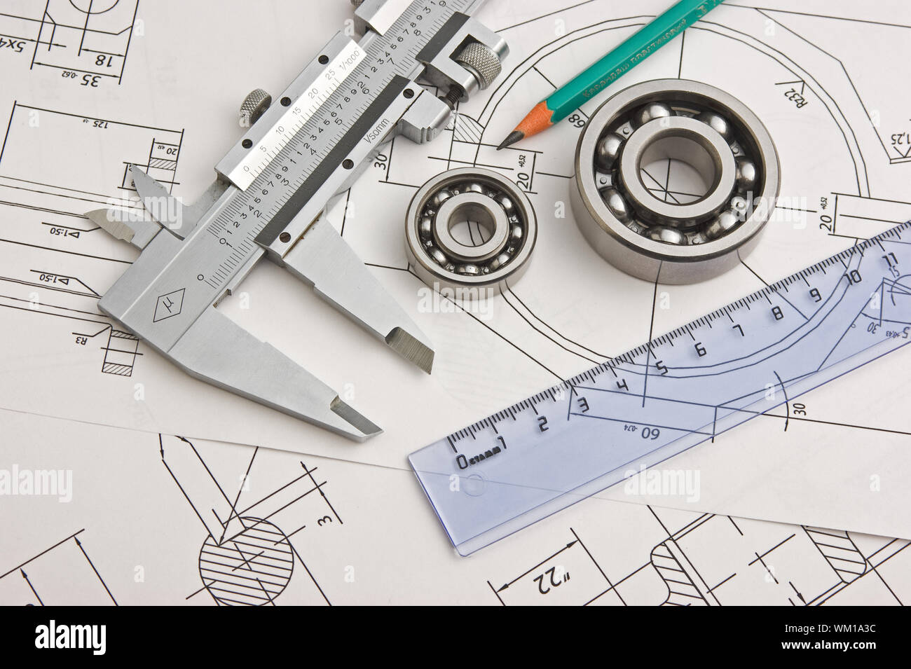 tools and mechanisms detail on the background of technical drawings ...