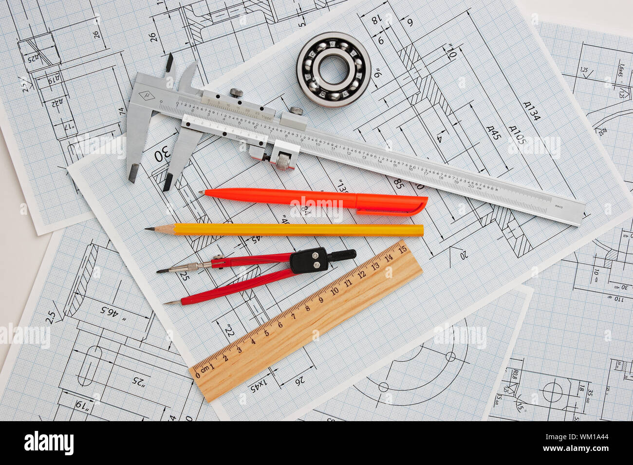 tools and mechanisms detail on the background of technical drawings ...