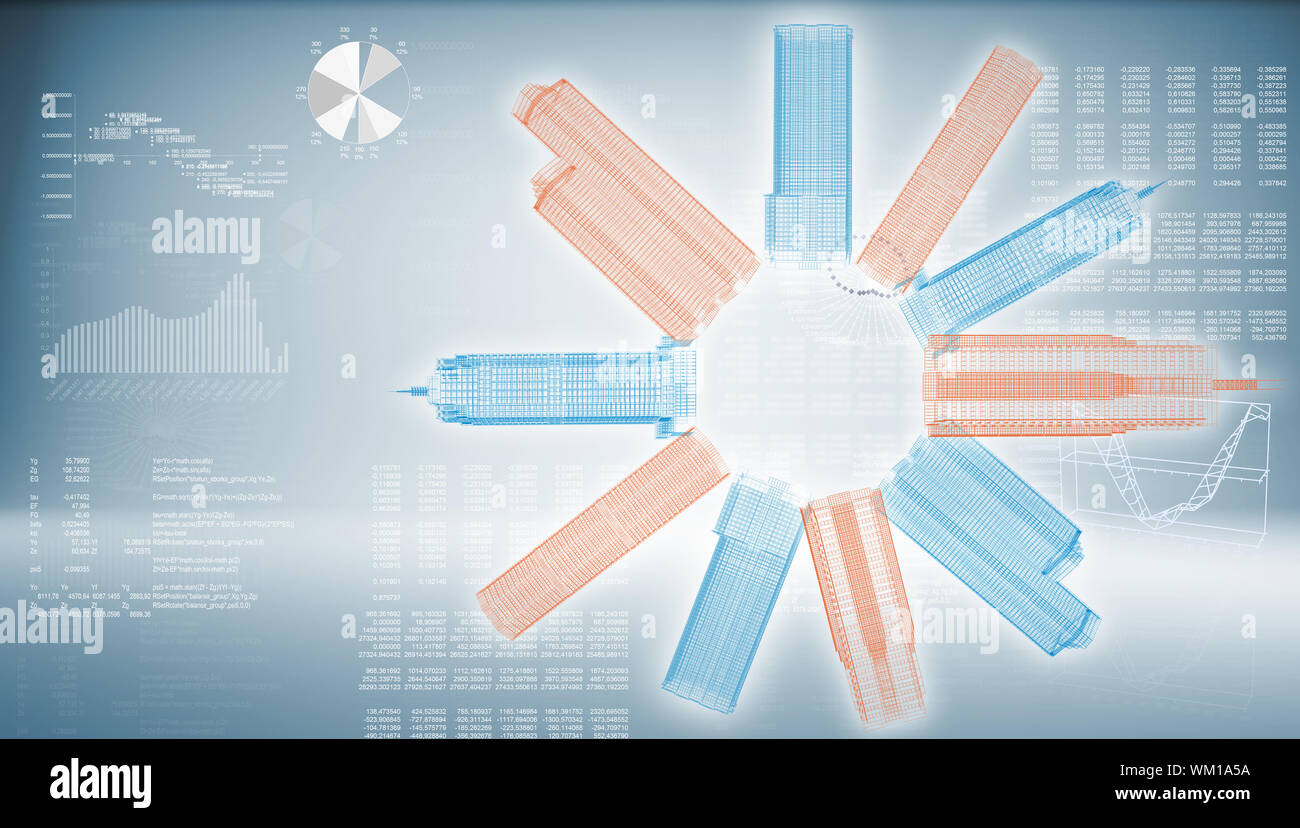 Glowing wire-frame buildings. Graphs and text rows as backdrop Stock ...