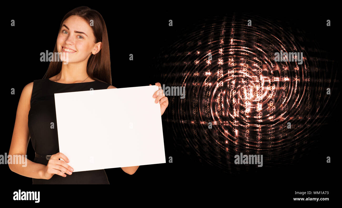 Businesswoman holding empty paper. Brown glowing figures as backdrop ...