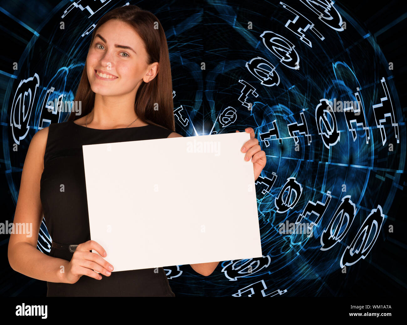 Businesswoman holding empty paper. Blue glowing figures as backdrop ...