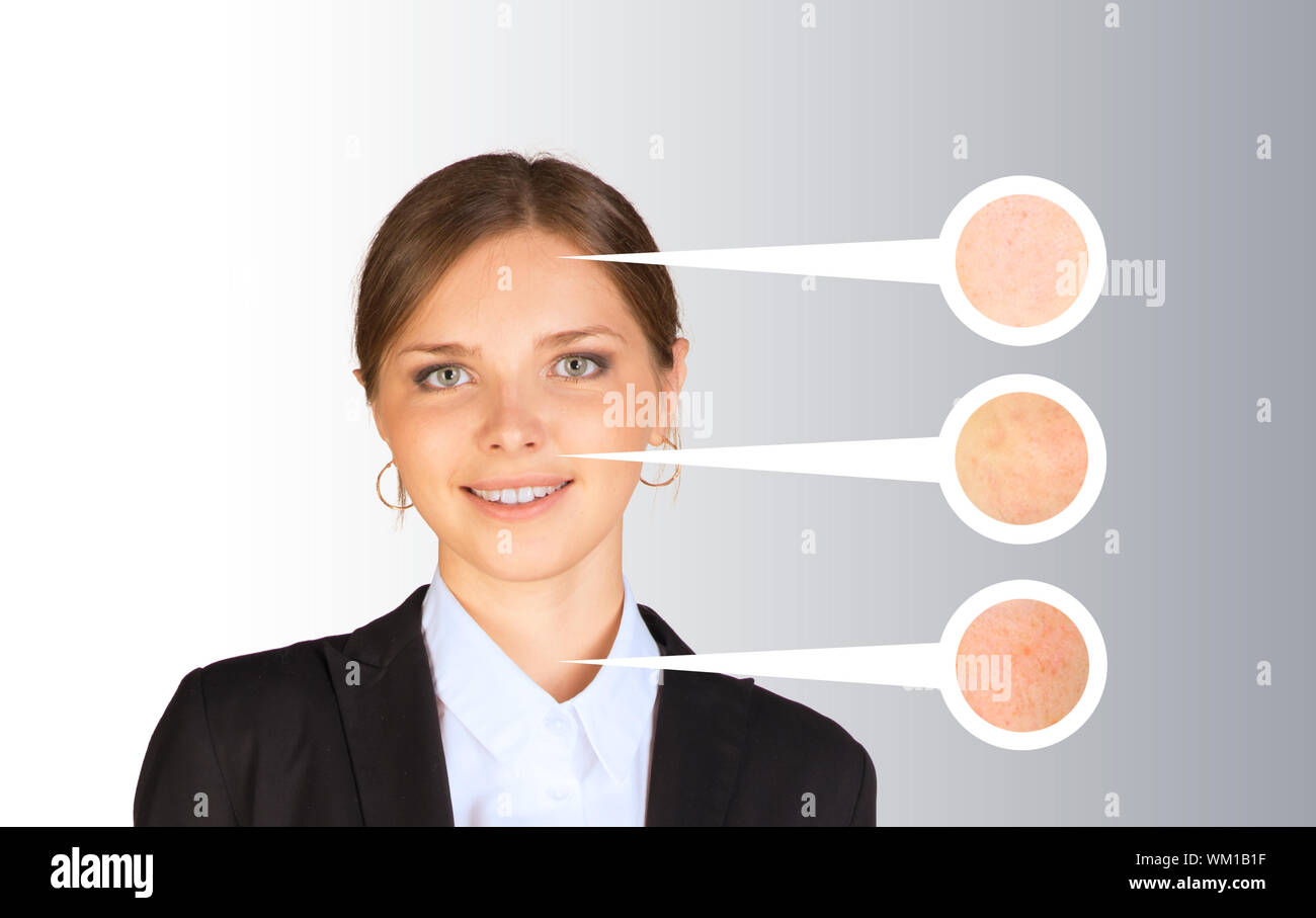 Portrait of beautiful young woman. Callouts with zoom portions of face ...