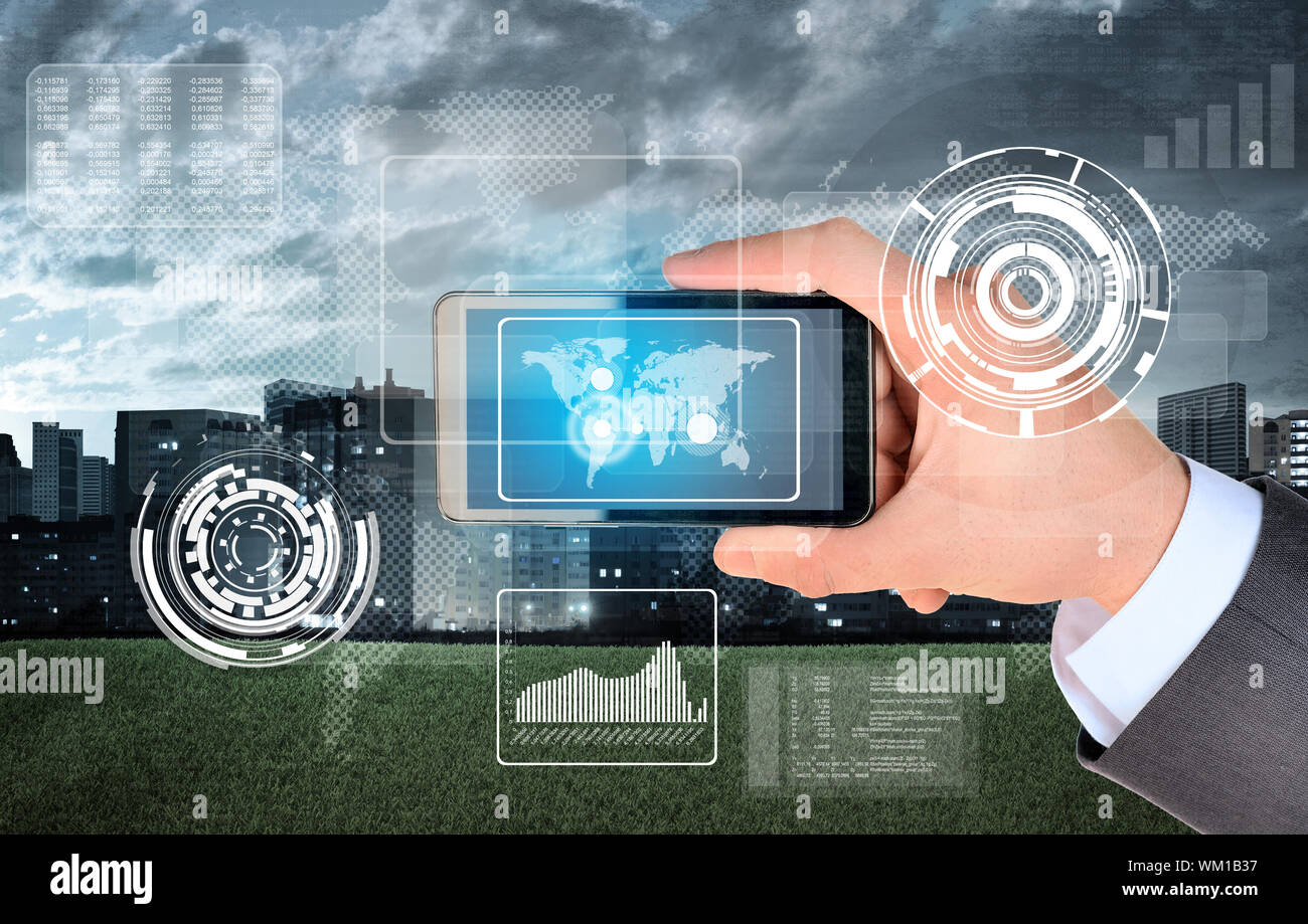 Man hand using smart phone. World map on phone screen. City as backdrop ...